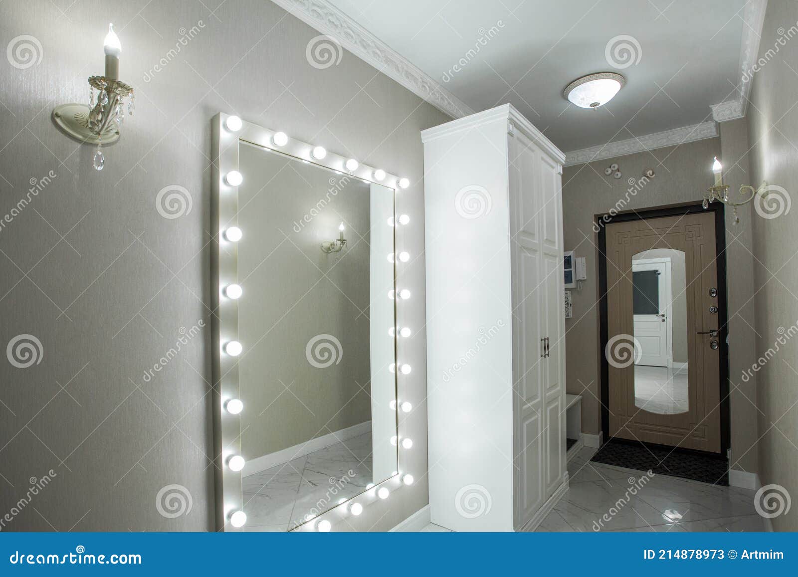 White Hall with Mirror, Wardrobe and Door, Interior Design Stock Image ...