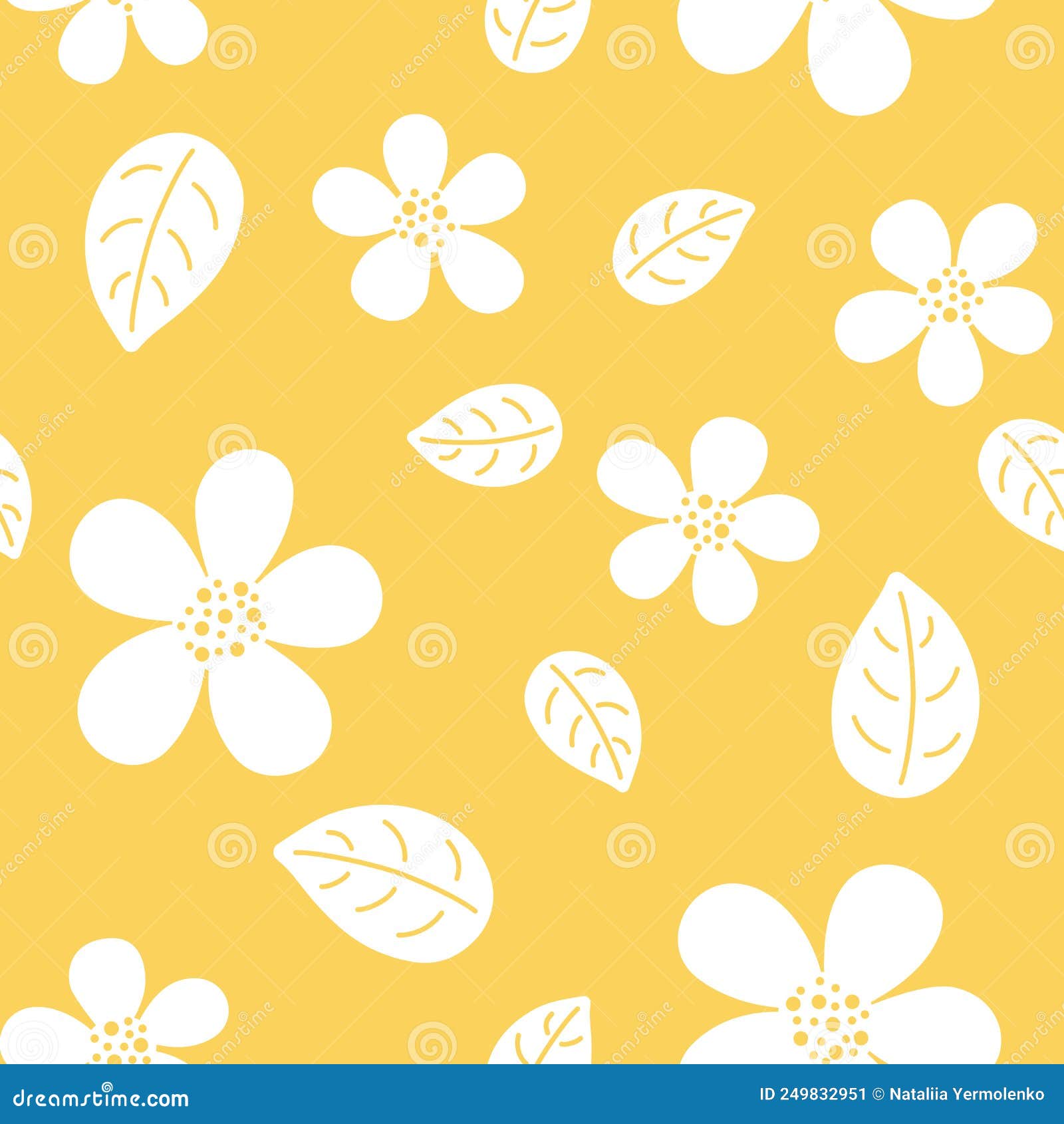 White Hand Drawn Flowers and Leaves on a Yellow Background. Doodle ...
