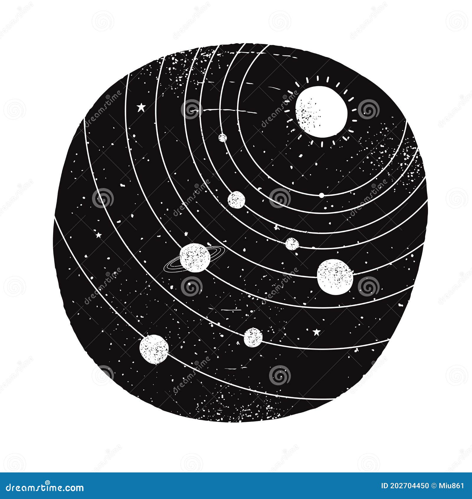 White Hand Drawn Solar System in a Black Irregular Round Shape Frame ...
