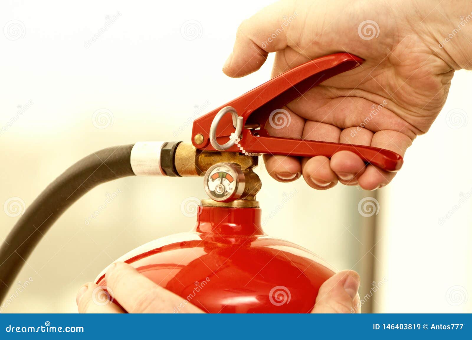 Hand Presses the Trigger Fire Extinguisher Stock Image - Image of ...