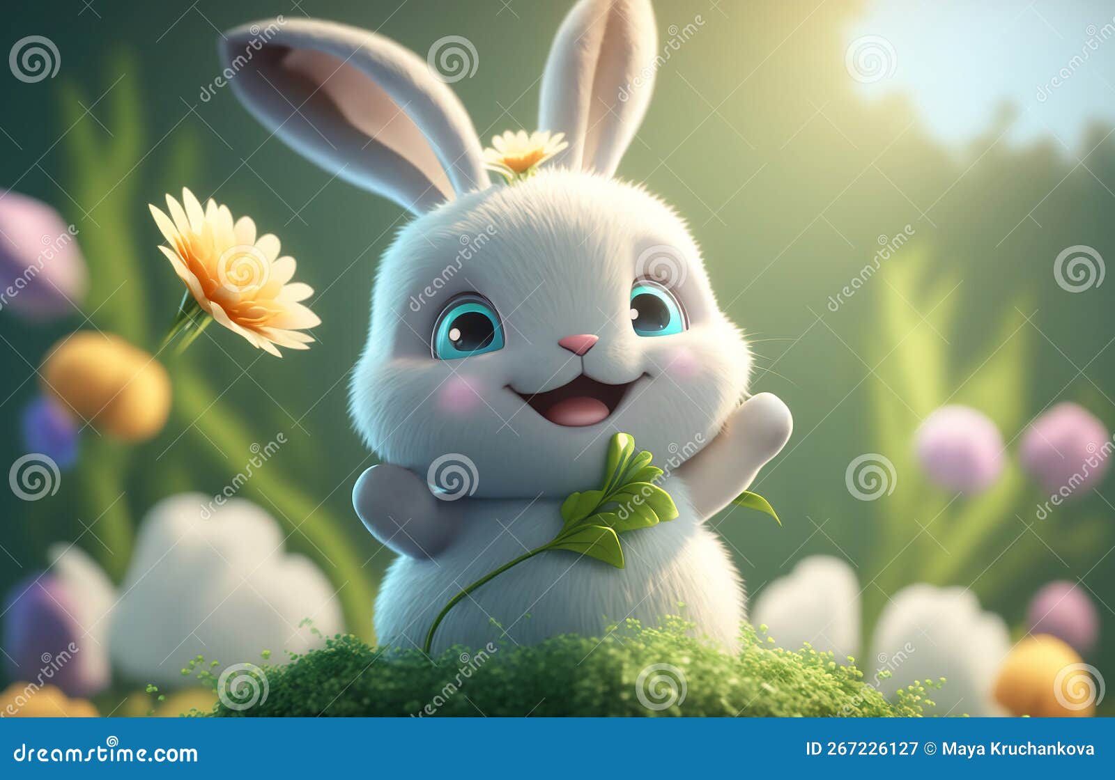 White Happy Rabbit on a Natural Floral Background Stock Illustration ...