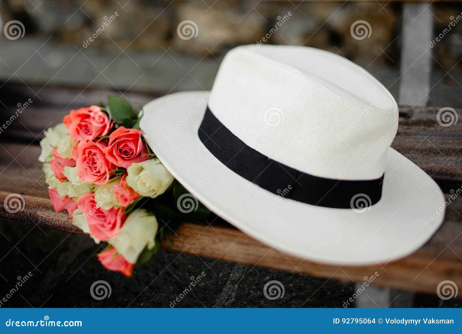White Hat and Bouquet on the Bench Stock Photo - Image of provence ...
