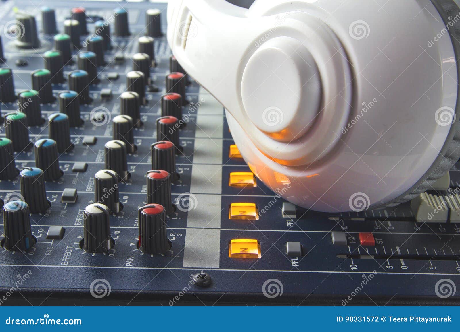 White headset on mixer. stock photo. Image of engineer - 98331572