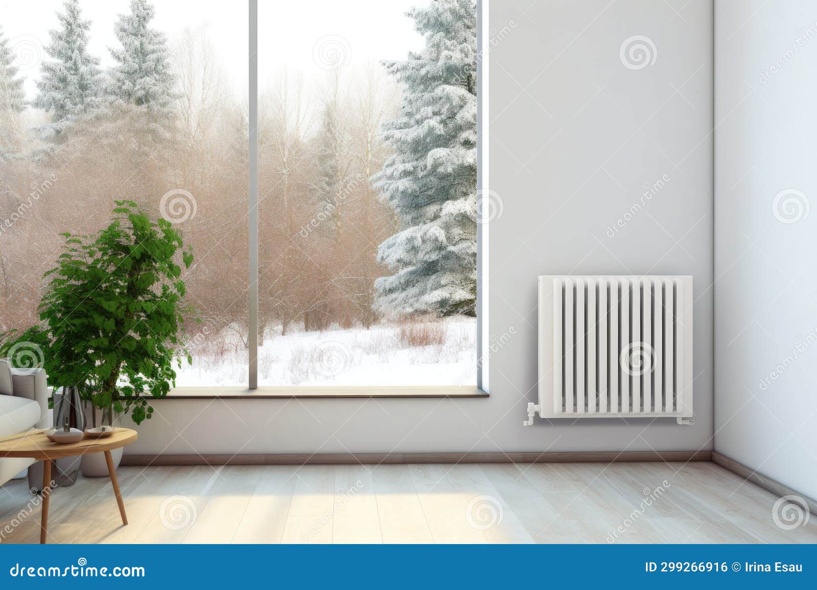 White Heating Radiator by the Window with a Winter Landscape Stock ...