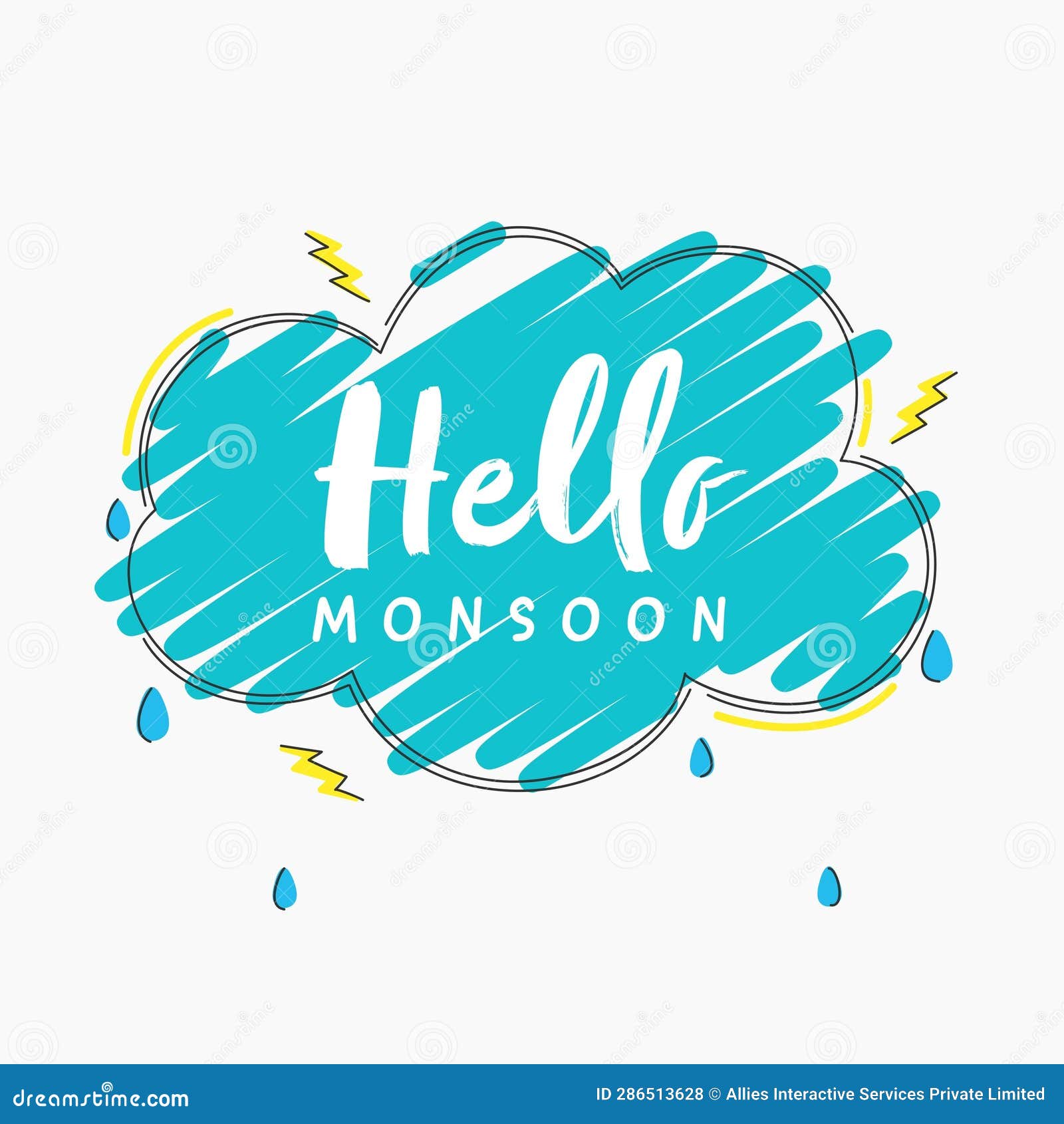 White Hello Monsoon Text on Blue Scribble Cloud with Lightning Stock ...