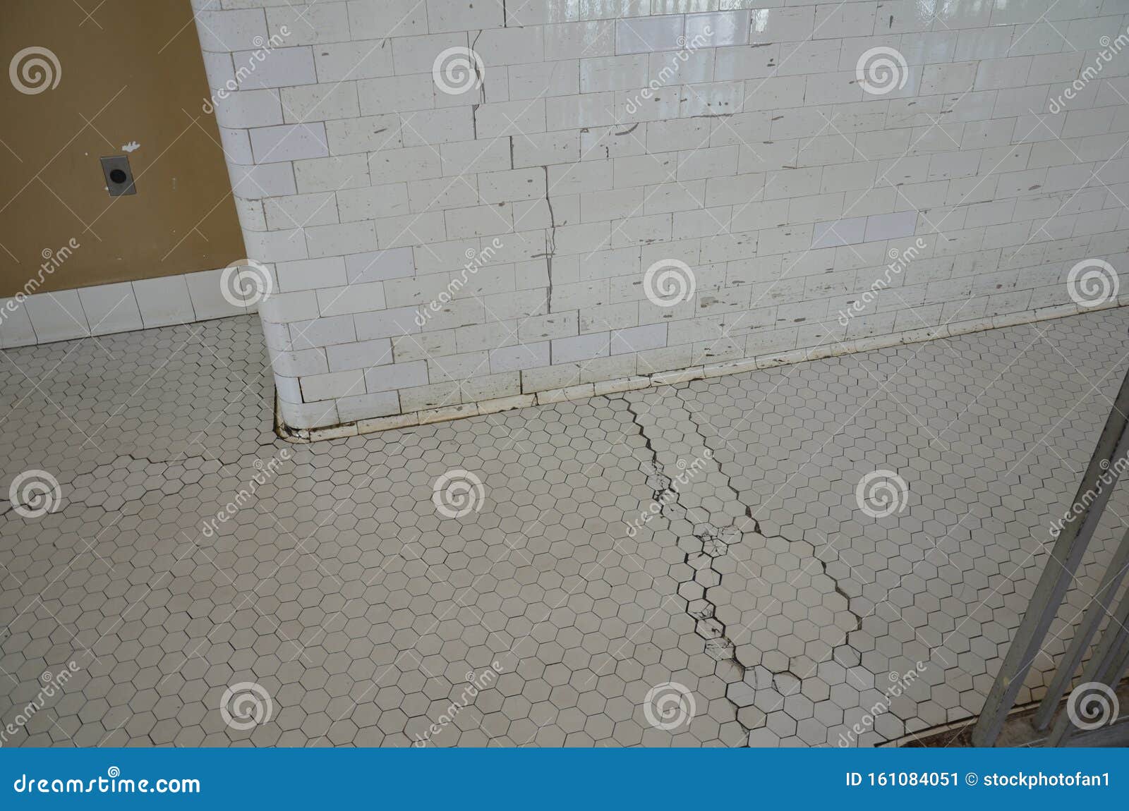 White Hexagon Floor Tile with Cracks or Damage Stock Image - Image of ...