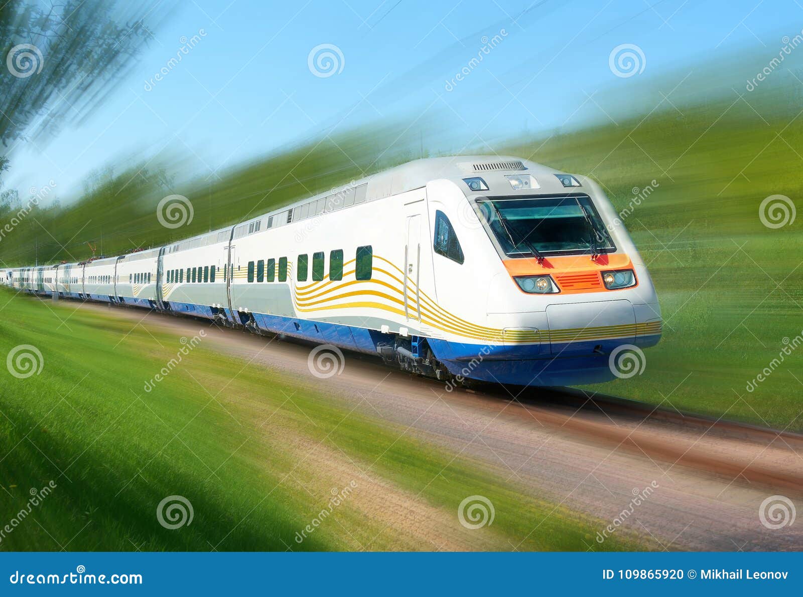 White High Speed Railway Train Runs on Rail Tracks among Green Trees ...