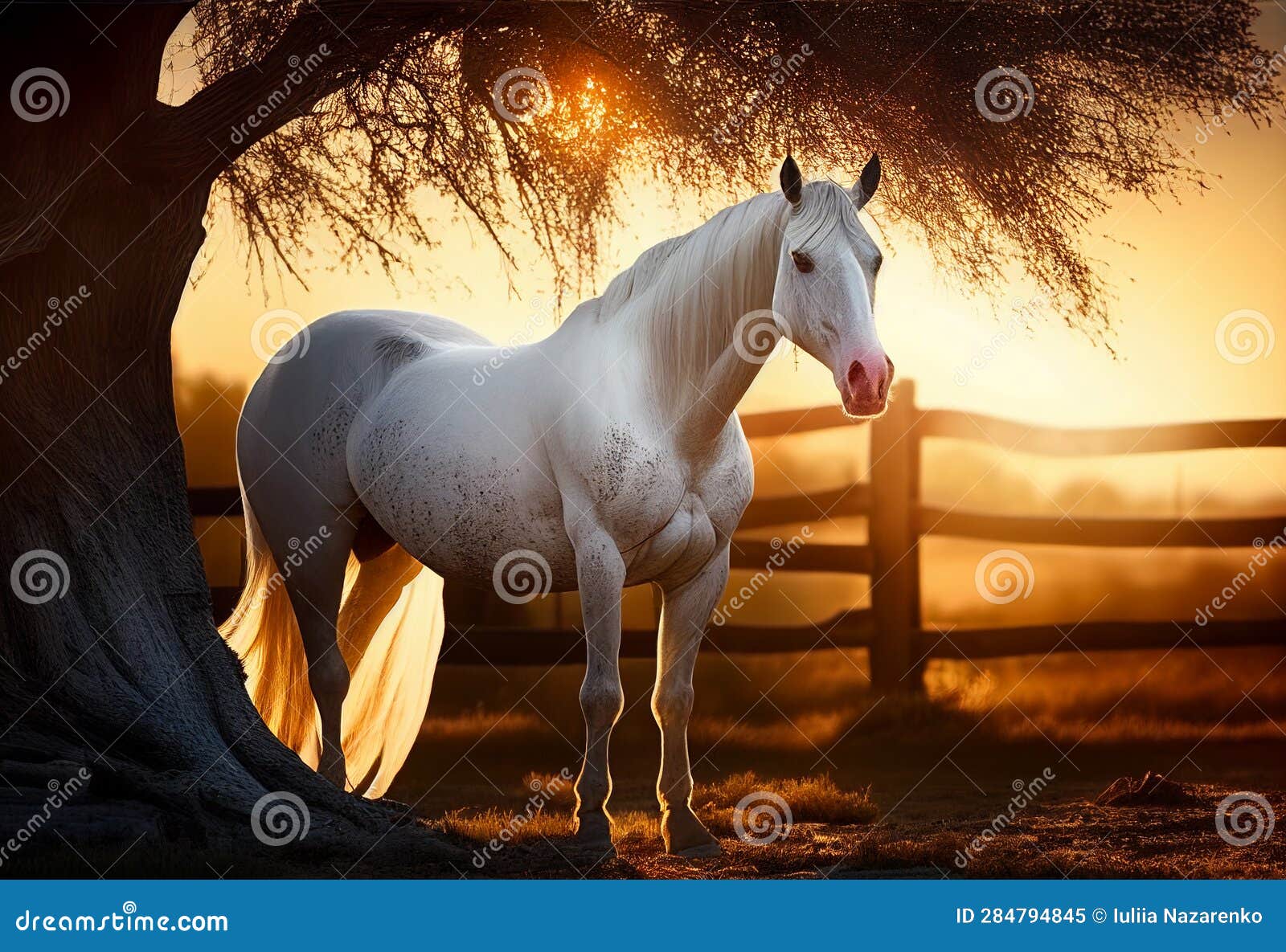 White Horse Stands in a Paddock at Sunset. AI Generated Stock Image - Image of white, livestock ...