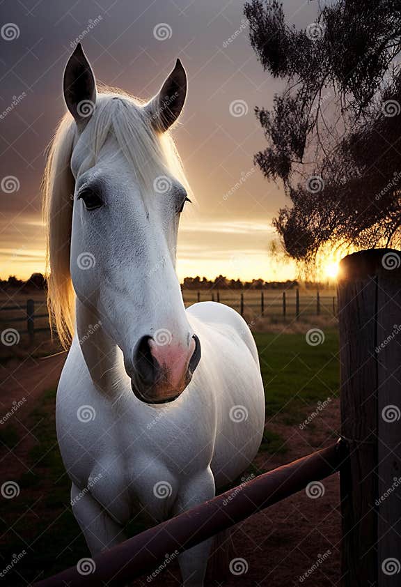 White Horse Stands in a Paddock at Sunset. AI Generated Stock Photo ...
