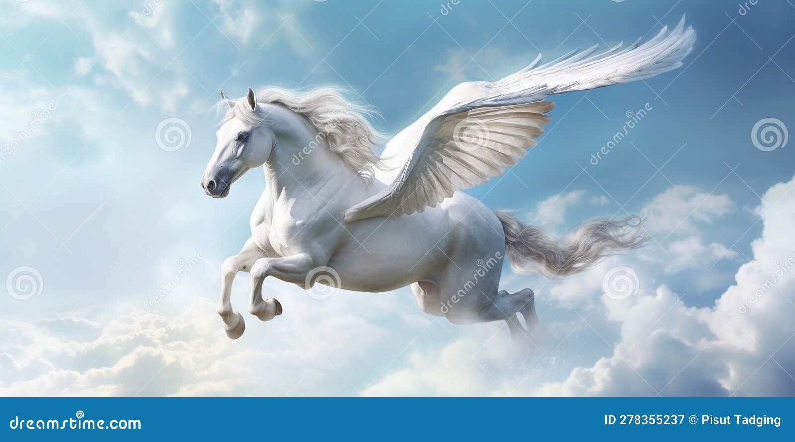 White Horse with Wings Flying in the Blue Sky with AI Generated. Stock ...