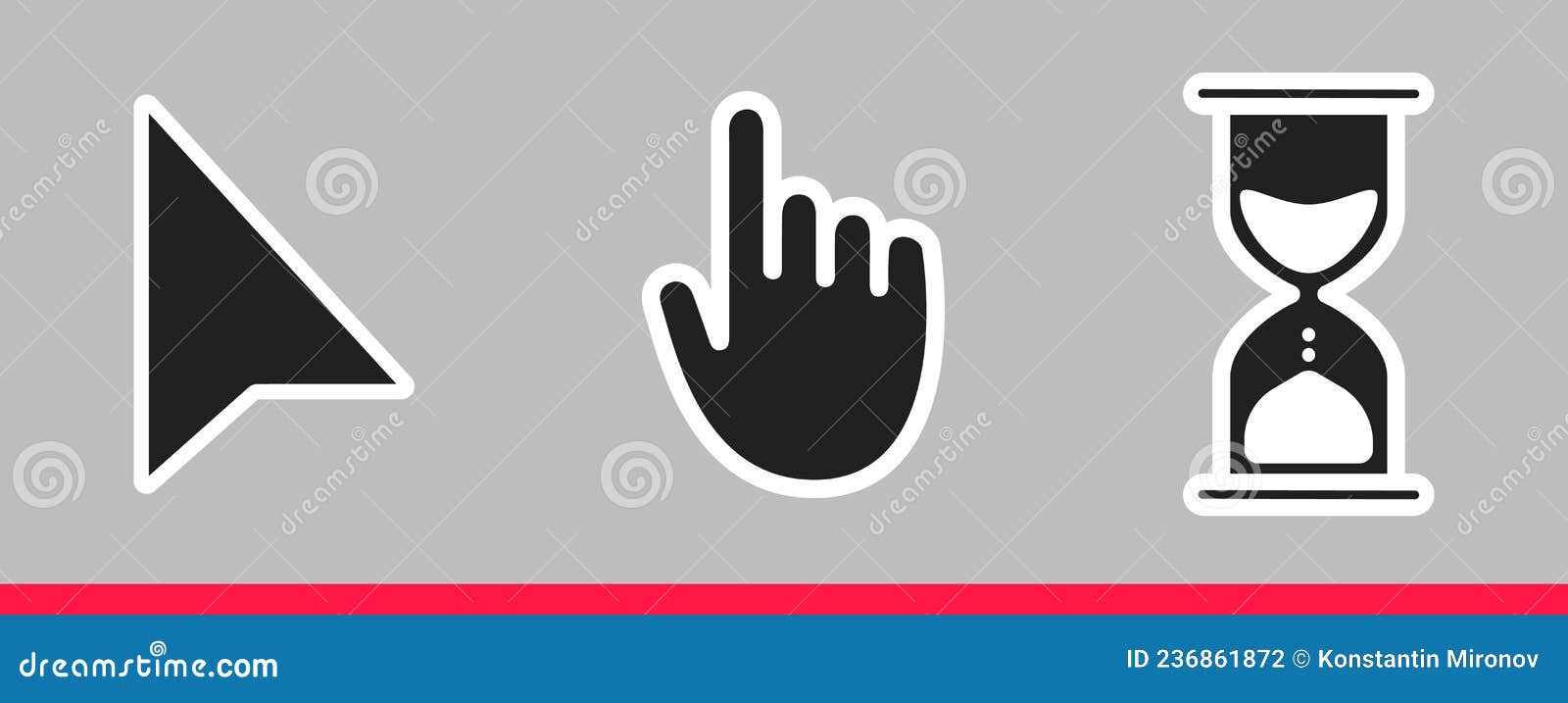 White Hourglass Loading Clock, Pointer Hand And Arrow Mouse Cursors ...