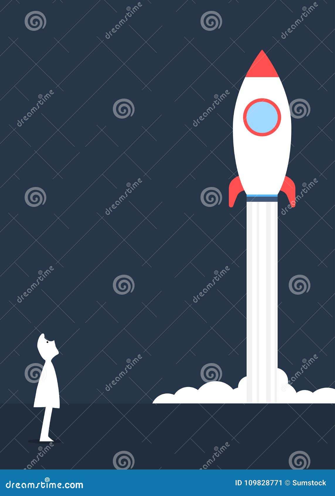 Human Figure Looking at Rising Space Rocket Stock Vector - Illustration ...
