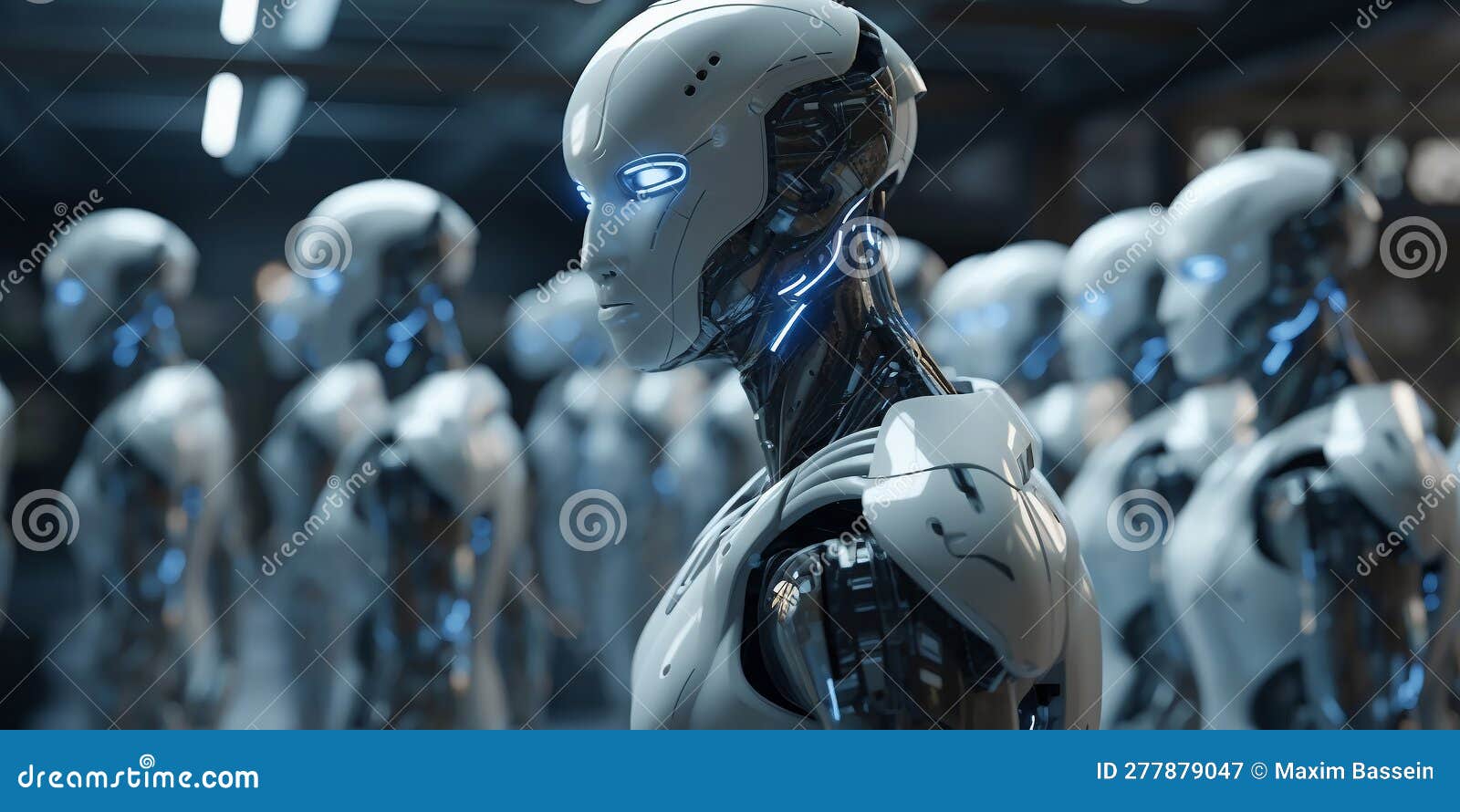 White Humanoid Androids Stand in Formation in a Dark Room Stock ...