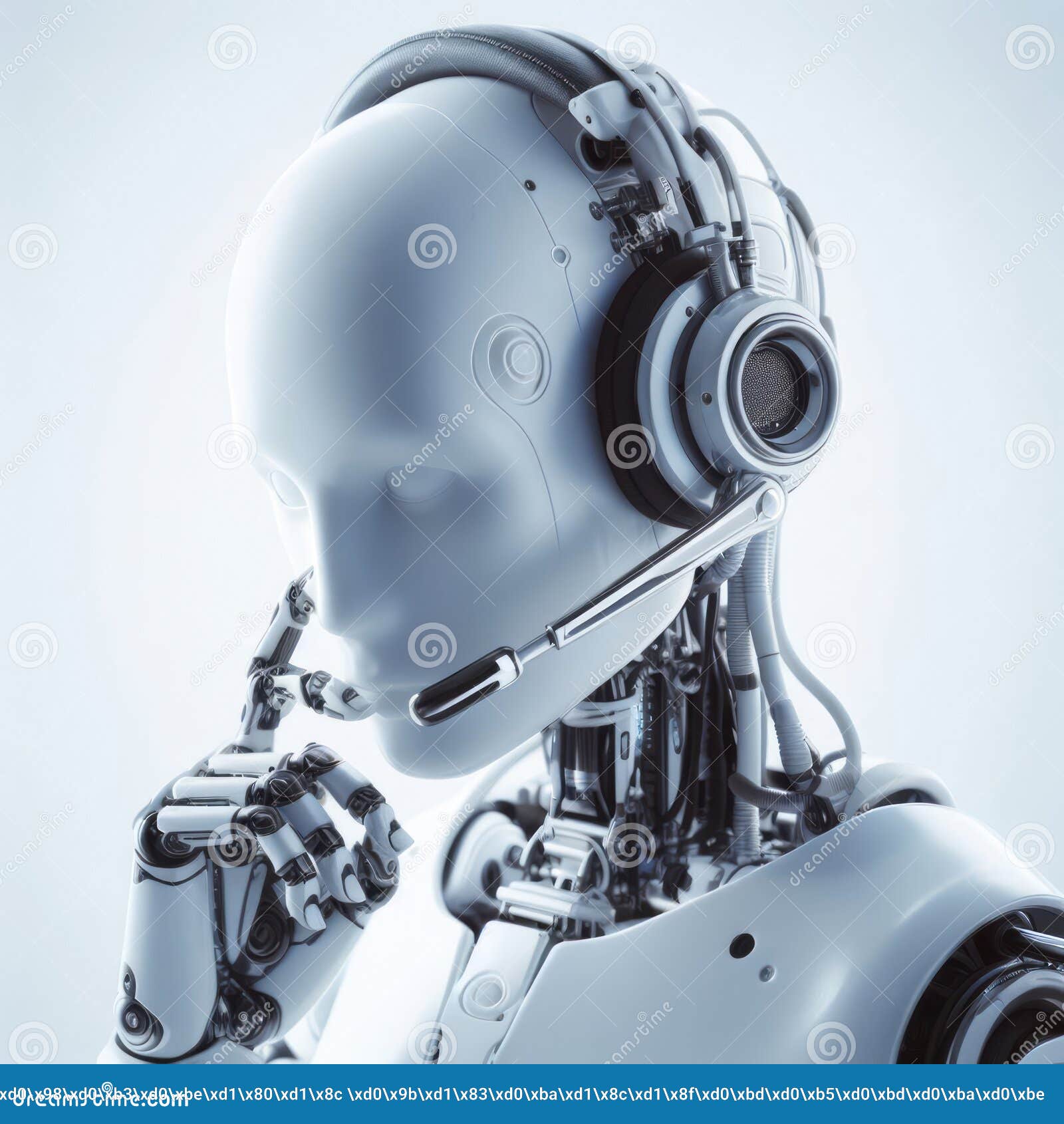 White Humanoid Cyborg Robot in Headphones and Micro Call Center. Ai ...