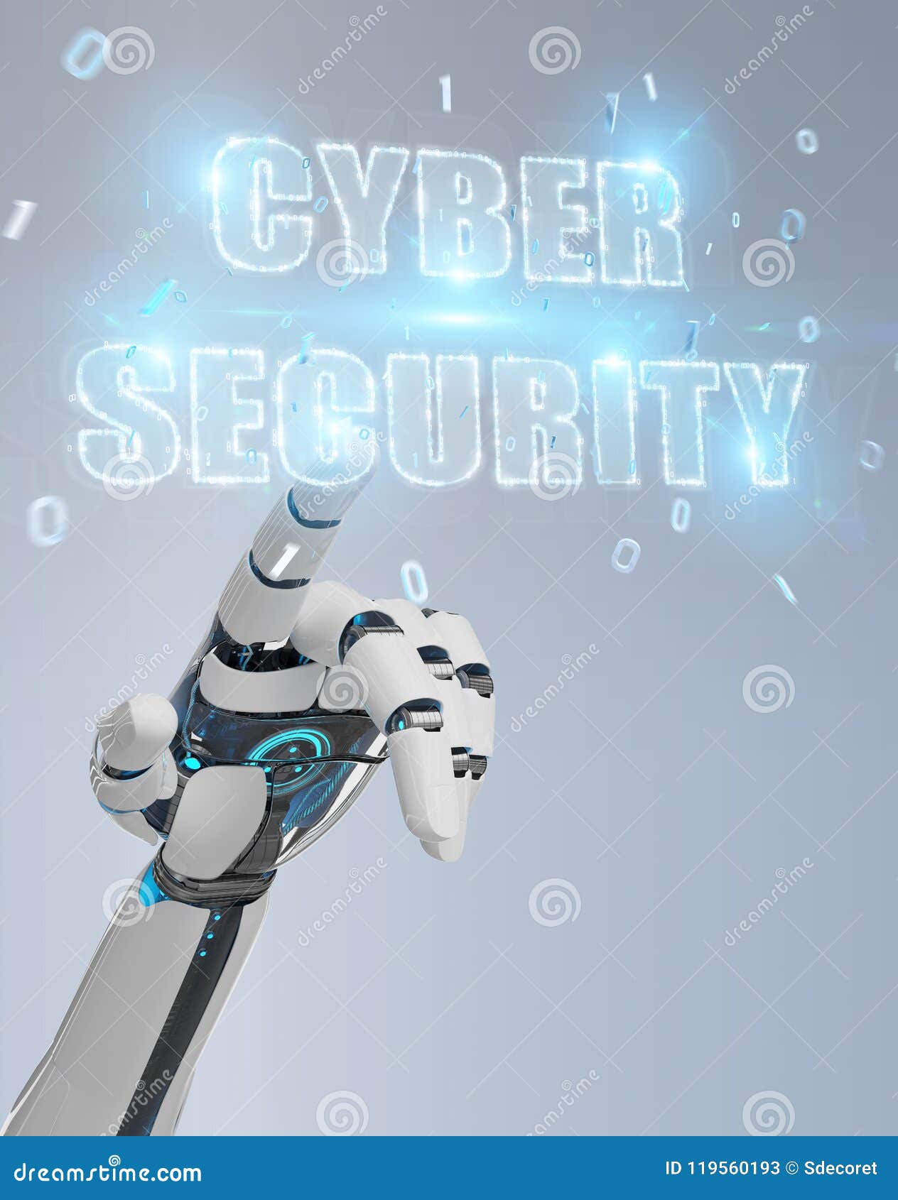 White Humanoid Hand Using Cyber Security Text Hologram 3D Render Stock ...