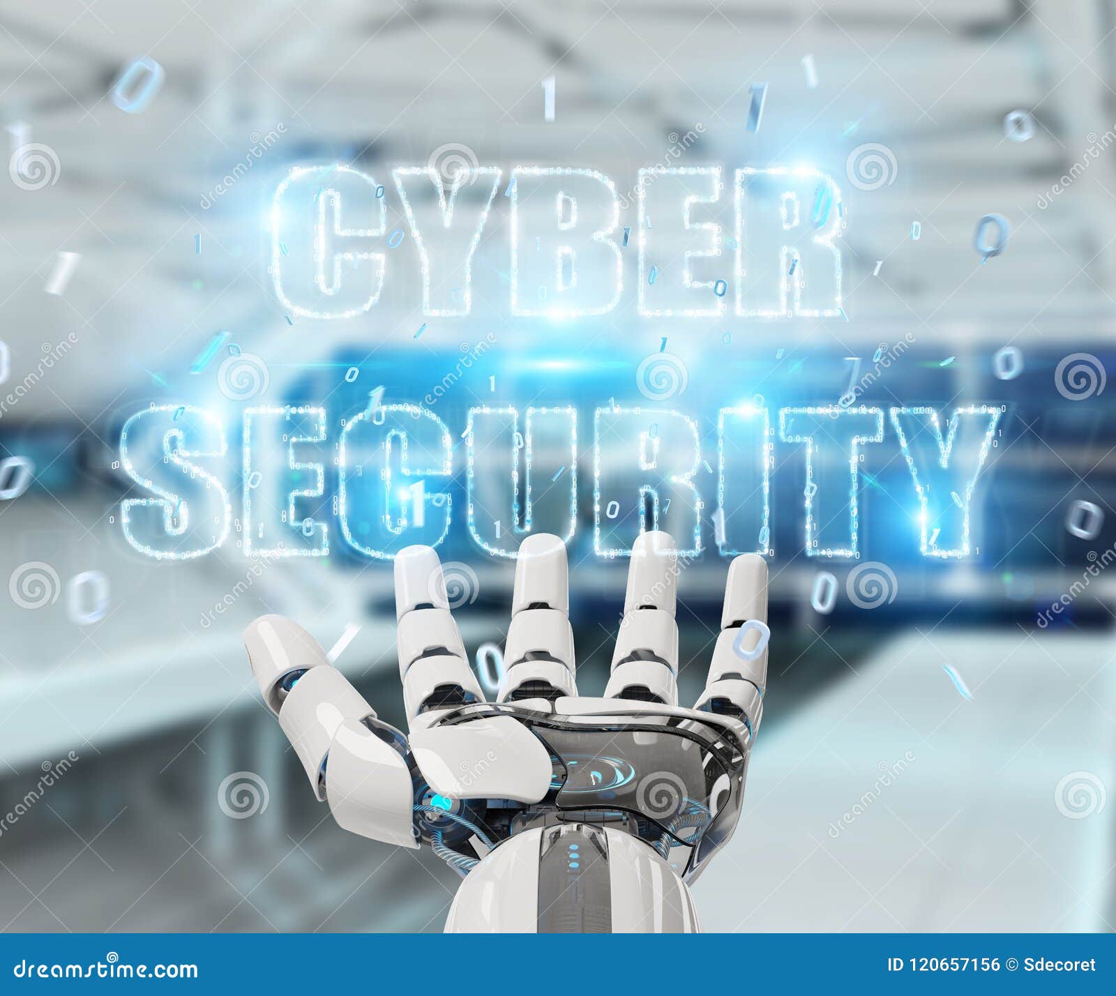 White Humanoid Hand Using Cyber Security Text Hologram 3D Render Stock ...