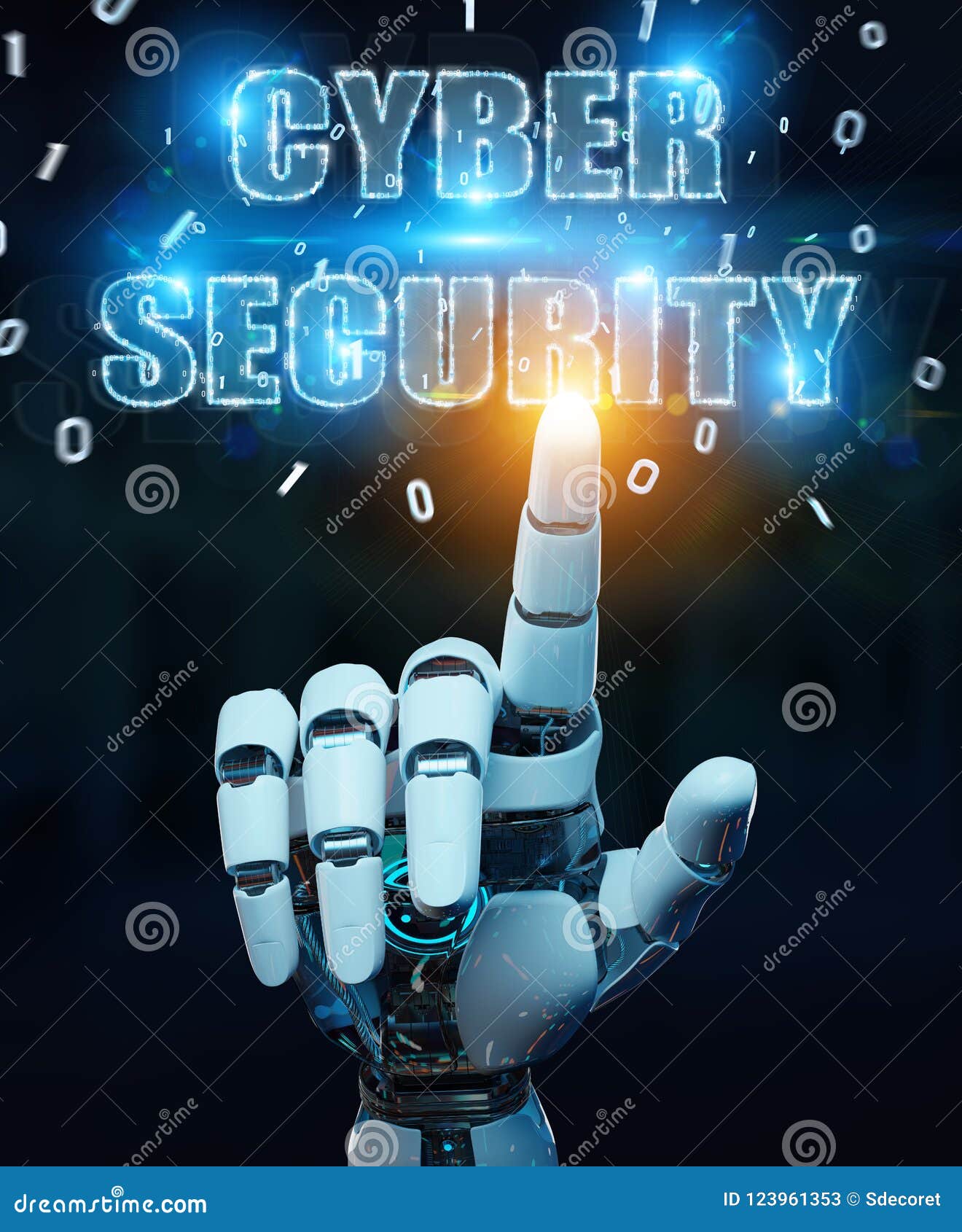 White Humanoid Hand Using Cyber Security Text Hologram 3D Render Stock ...