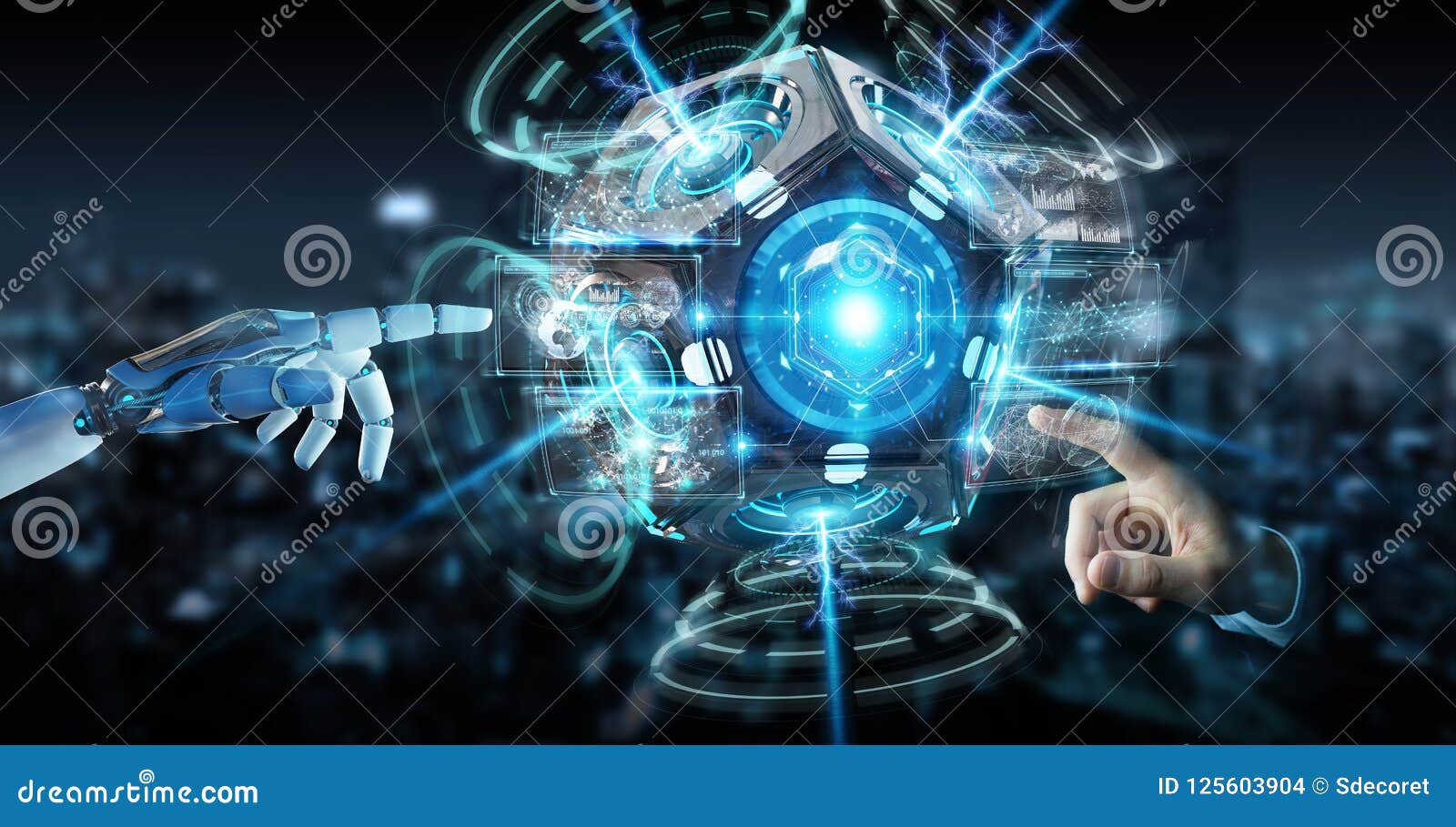 White Humanoid Hand Using Drone Security Camera 3D Rendering Stock ...