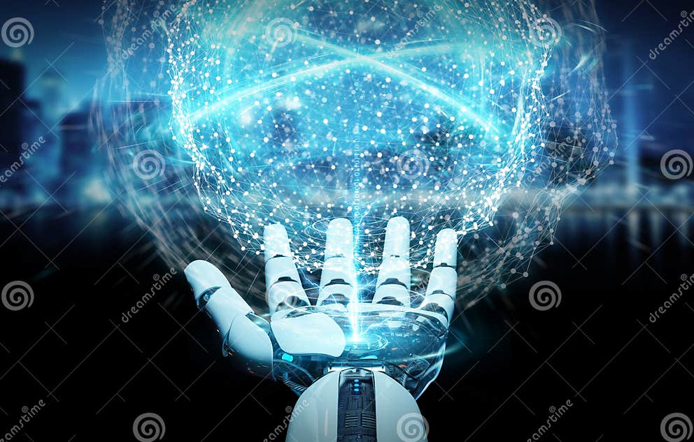 White Humanoid Hand Using Digital Global Network 3D Rendering Stock ...