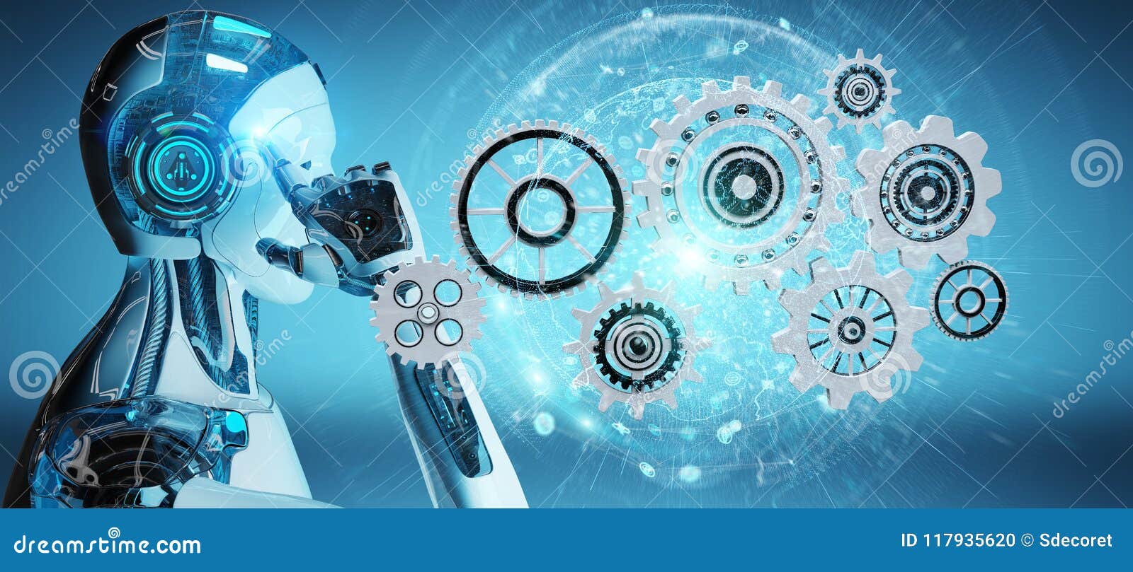 White Humanoid Robot Using Digital Gears 3D Rendering Stock ...