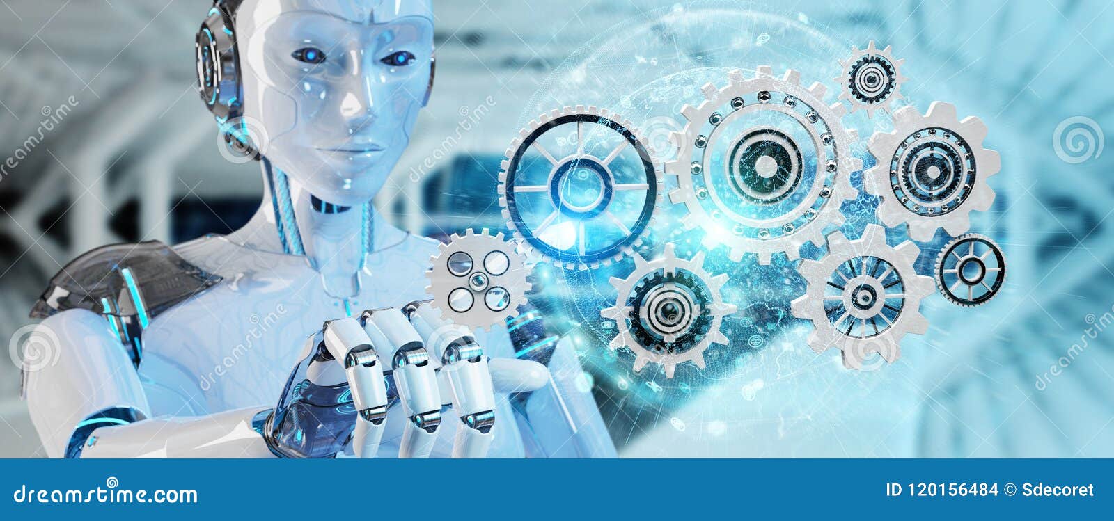 White Humanoid Robot Using Digital Gears 3D Rendering Stock ...