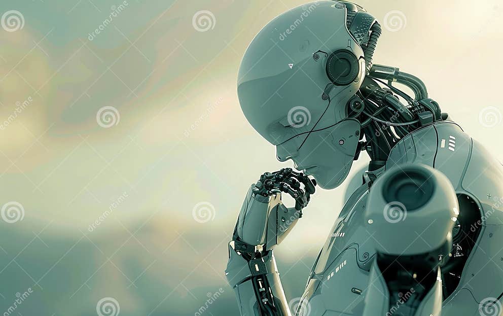 White Humanoid Robot Contemplating the Sunset, Emphasizing Emotional ...
