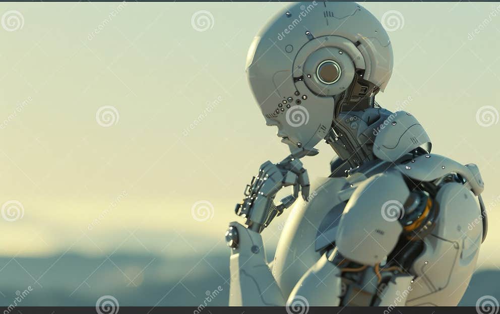 White Humanoid Robot Contemplating the Sunset, Emphasizing Emotional ...
