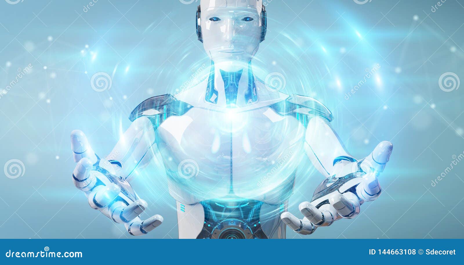 White Humanoid Robot Creating New Futuristic Energy Power Source 3D ...