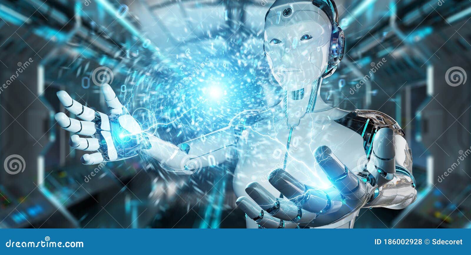 White Humanoid Robot Creating New Futuristic Energy Power Source 3D ...