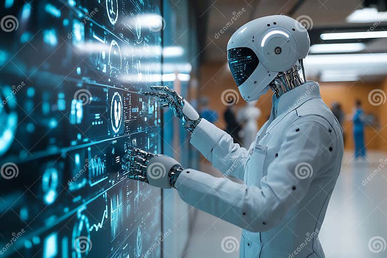 A White Humanoid Robot Dressed in a White Lab Coat Interacts with a ...