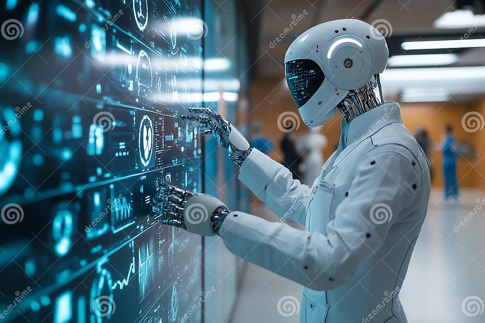 A White Humanoid Robot Dressed in a White Lab Coat Interacts with a ...