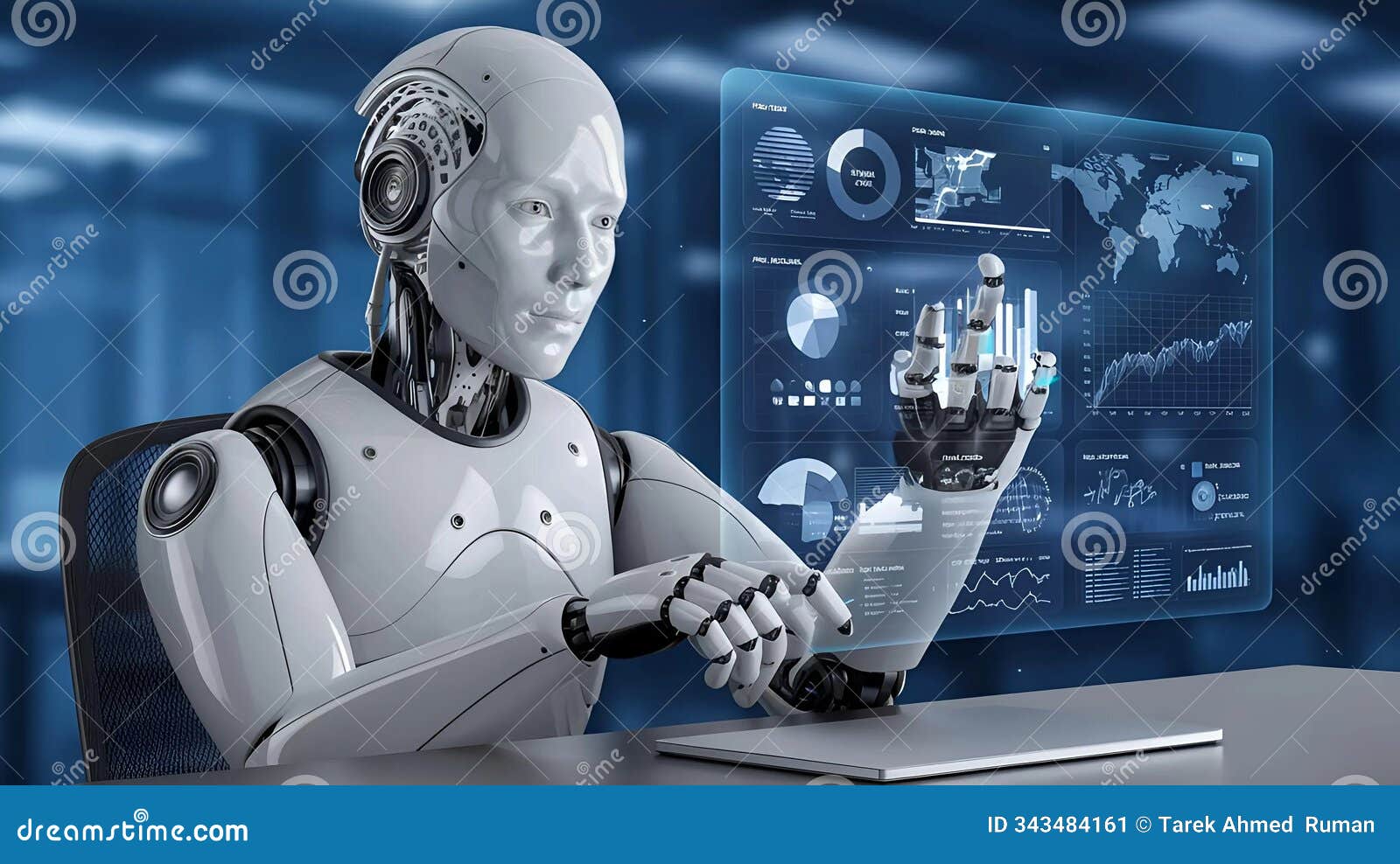 A White Humanoid Robot Sits at a Desk, Its Hand Hovering Over a ...