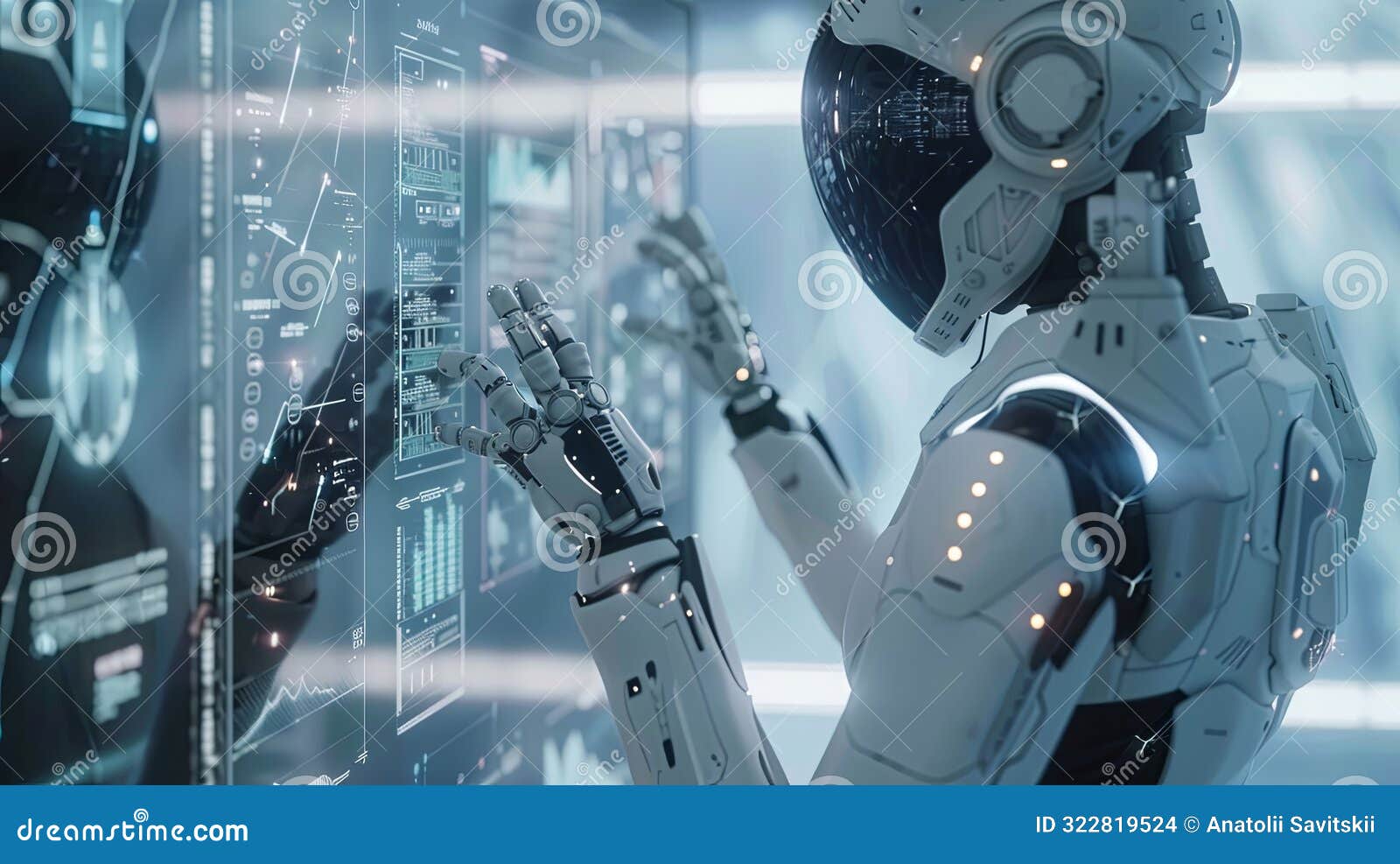 A White Humanoid Robot with a Sleek Design Interacts with a Touchscreen ...