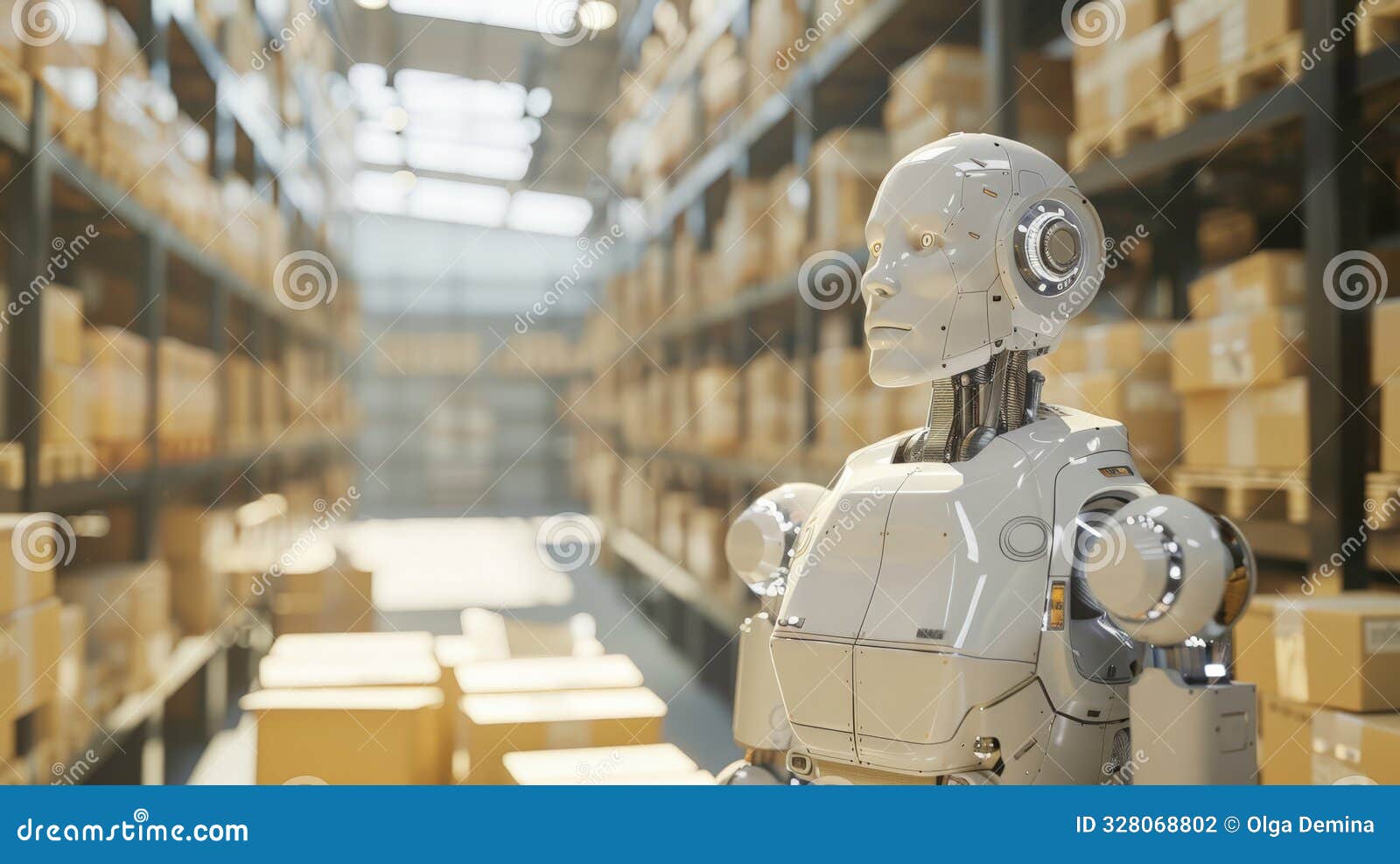 White Humanoid Robot Standing in a Sunlit Warehouse Full of Boxes ...