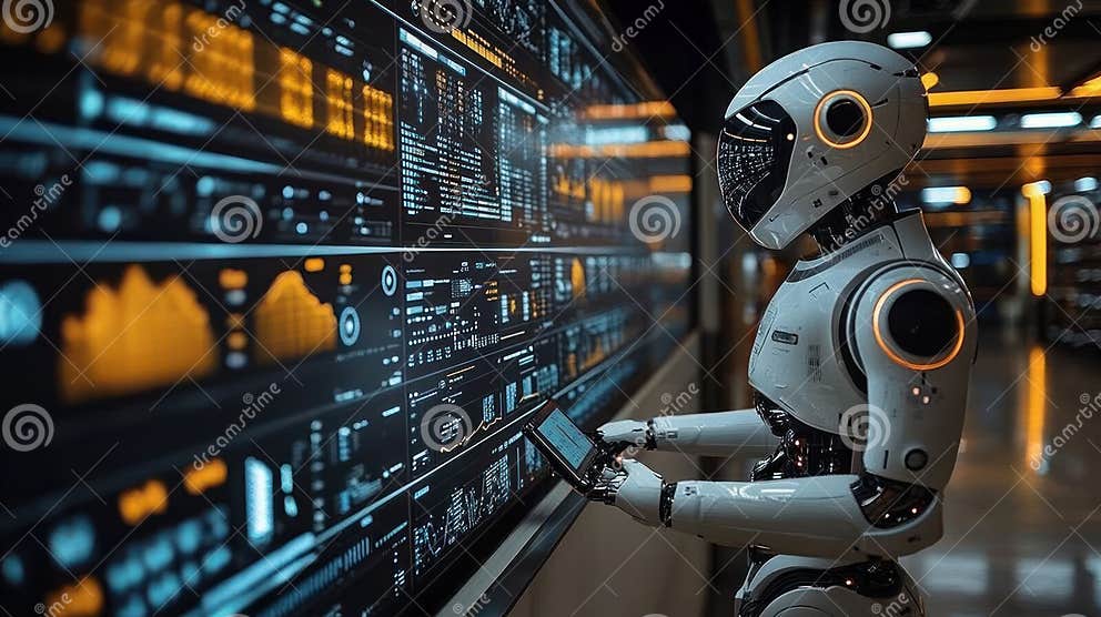 A White Humanoid Robot with a Tablet in Its Hand Stands in Front of a ...