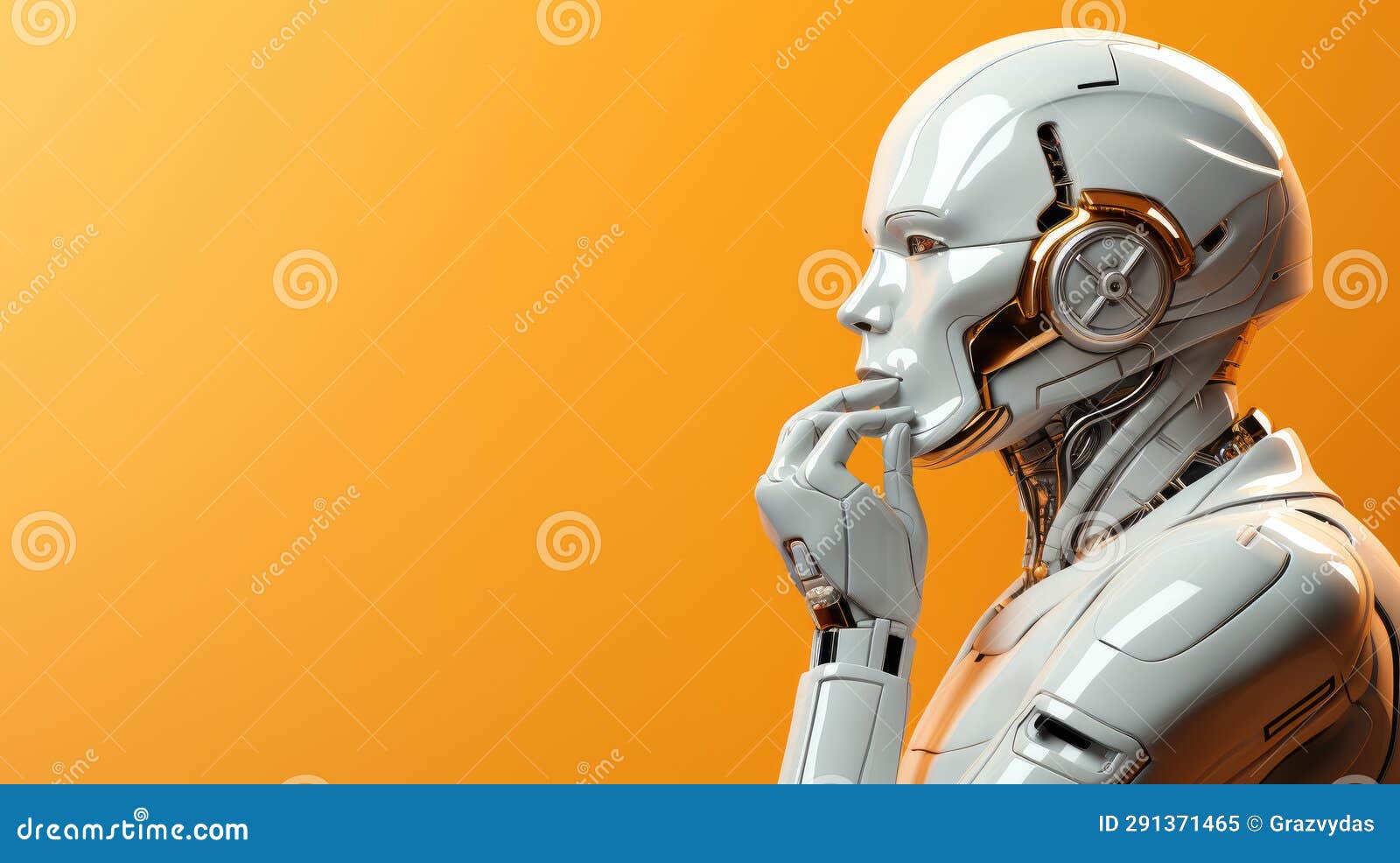White Humanoid Robot Thinking, Isolated on Yellow Background Stock ...