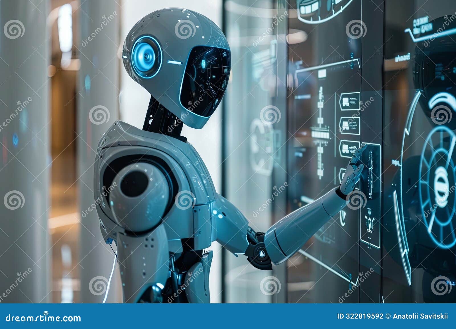 White Humanoid Robot with a Touchscreen, Interacting with Human in ...