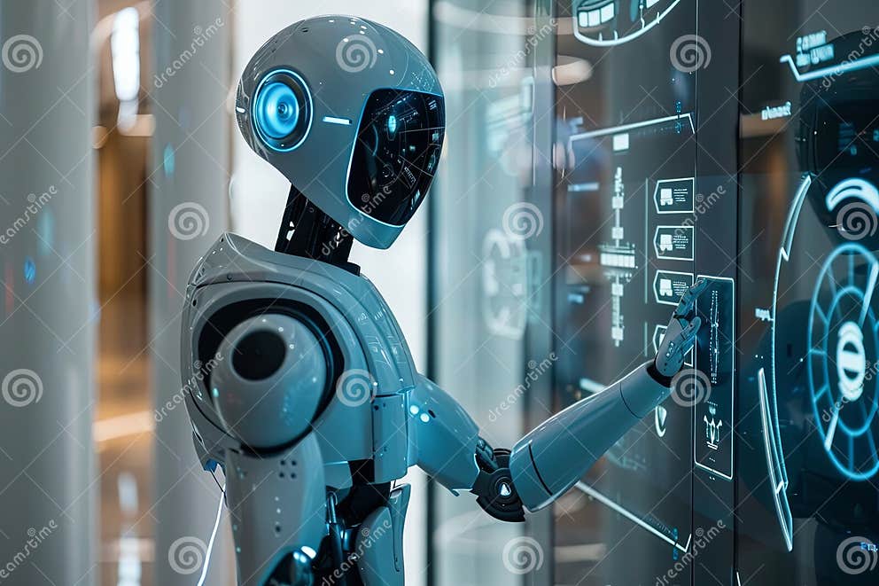 White Humanoid Robot with a Touchscreen, Interacting with Human in ...