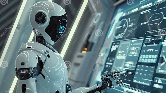 A White Humanoid Robot with a Touchscreen Interface Interacts with a ...