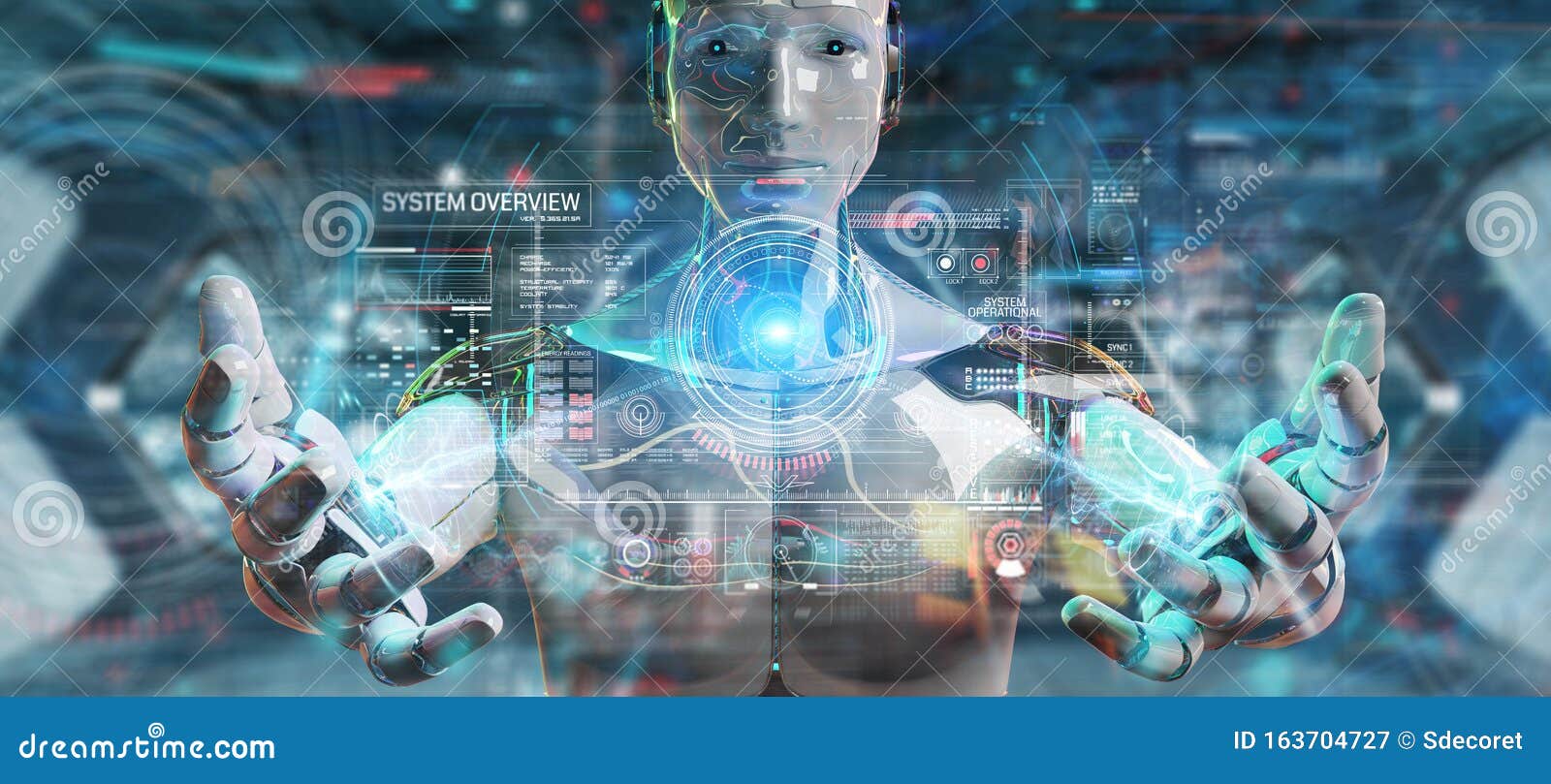 White Humanoid Robot Using Digital Technological Interface with Datas ...