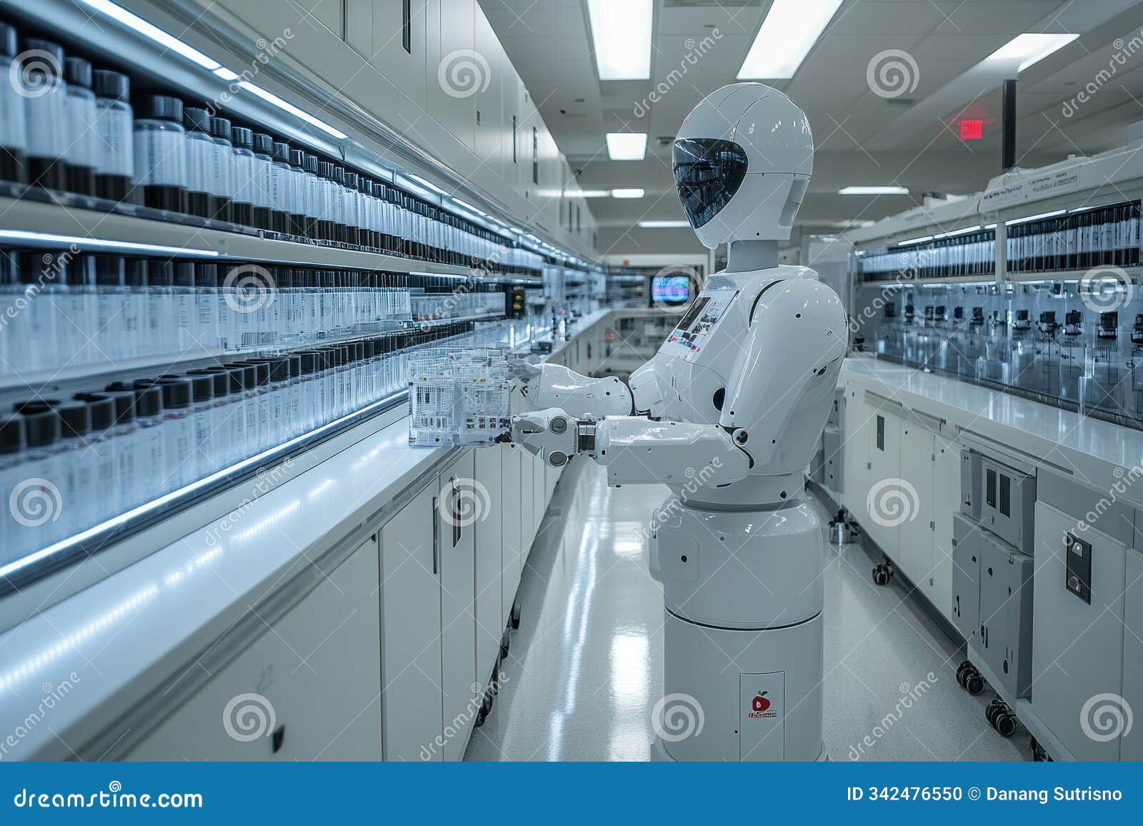A White Humanoid Robot is Working in a Laboratory, Sorting through ...