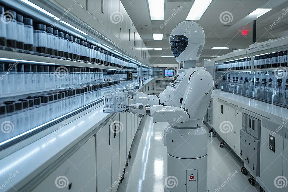 A White Humanoid Robot is Working in a Laboratory, Sorting through ...