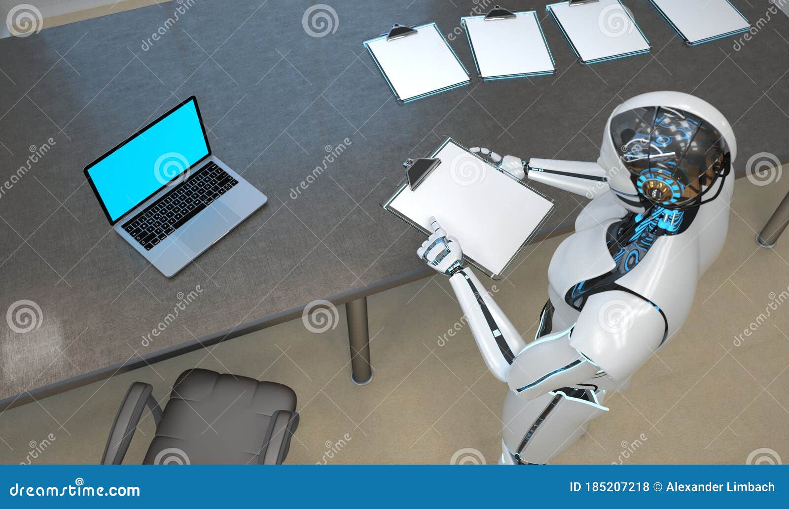 A White Humanoid Robot Works in the Development Office Stock ...