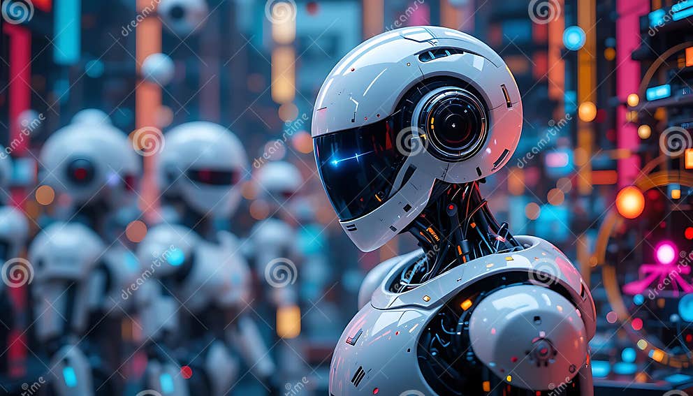 White Humanoid Robots in a Neon-lit, High-tech Environment. AI Robots ...