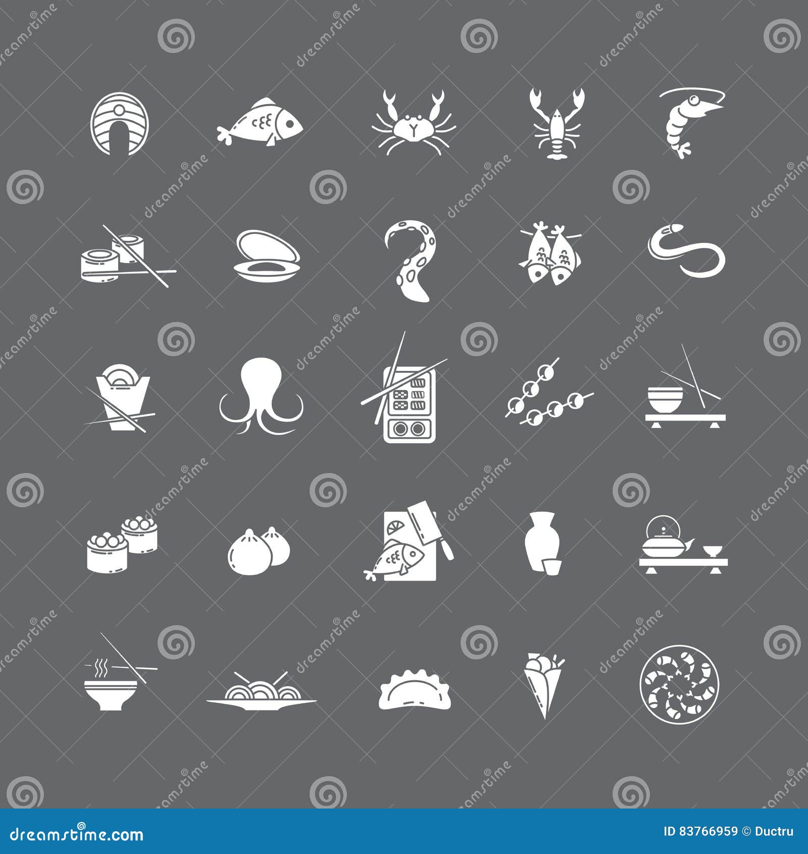 Icons Of Seafood On A Plate In Flat Style. Top View. Restaurant ...