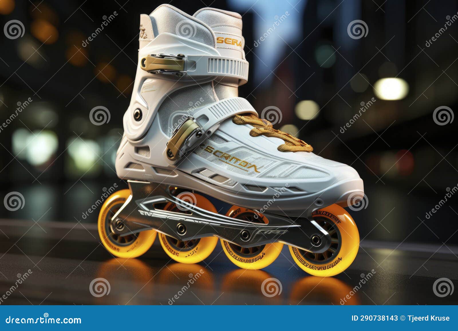 White Inline Skate with Orange Wheels on a Dark Background Stock ...