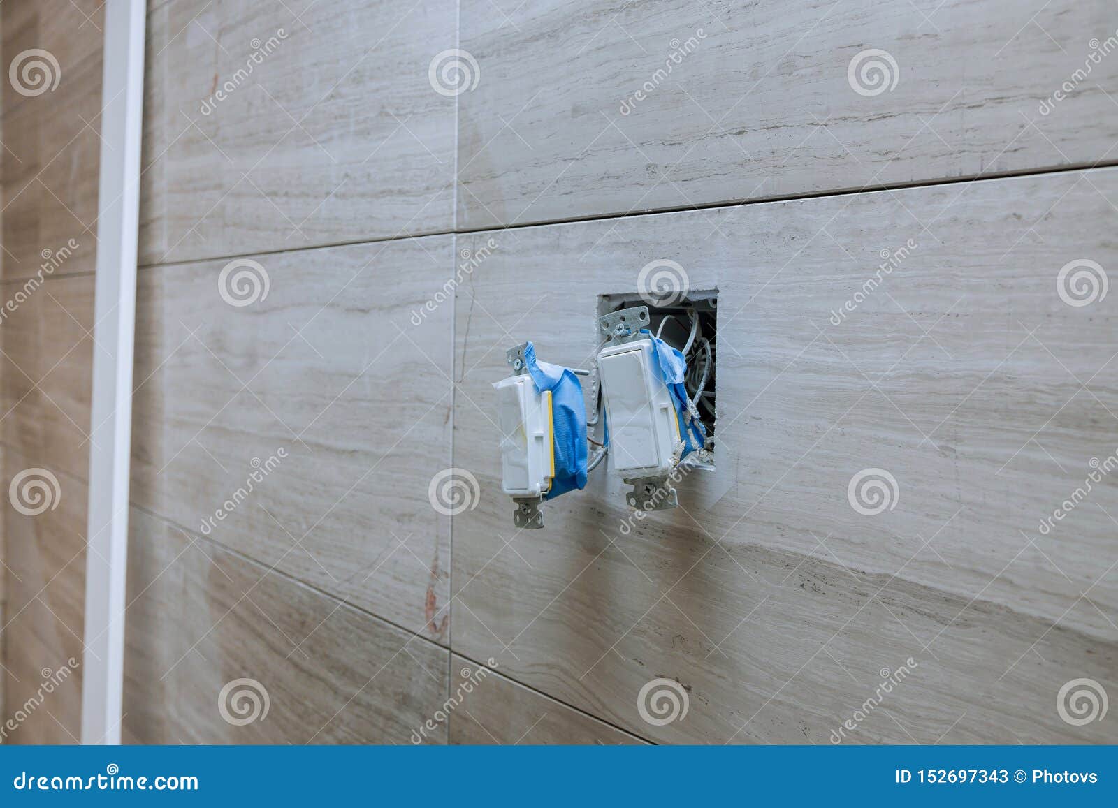 White Installation Electric Switch with Connecting Wires on Bathroom ...