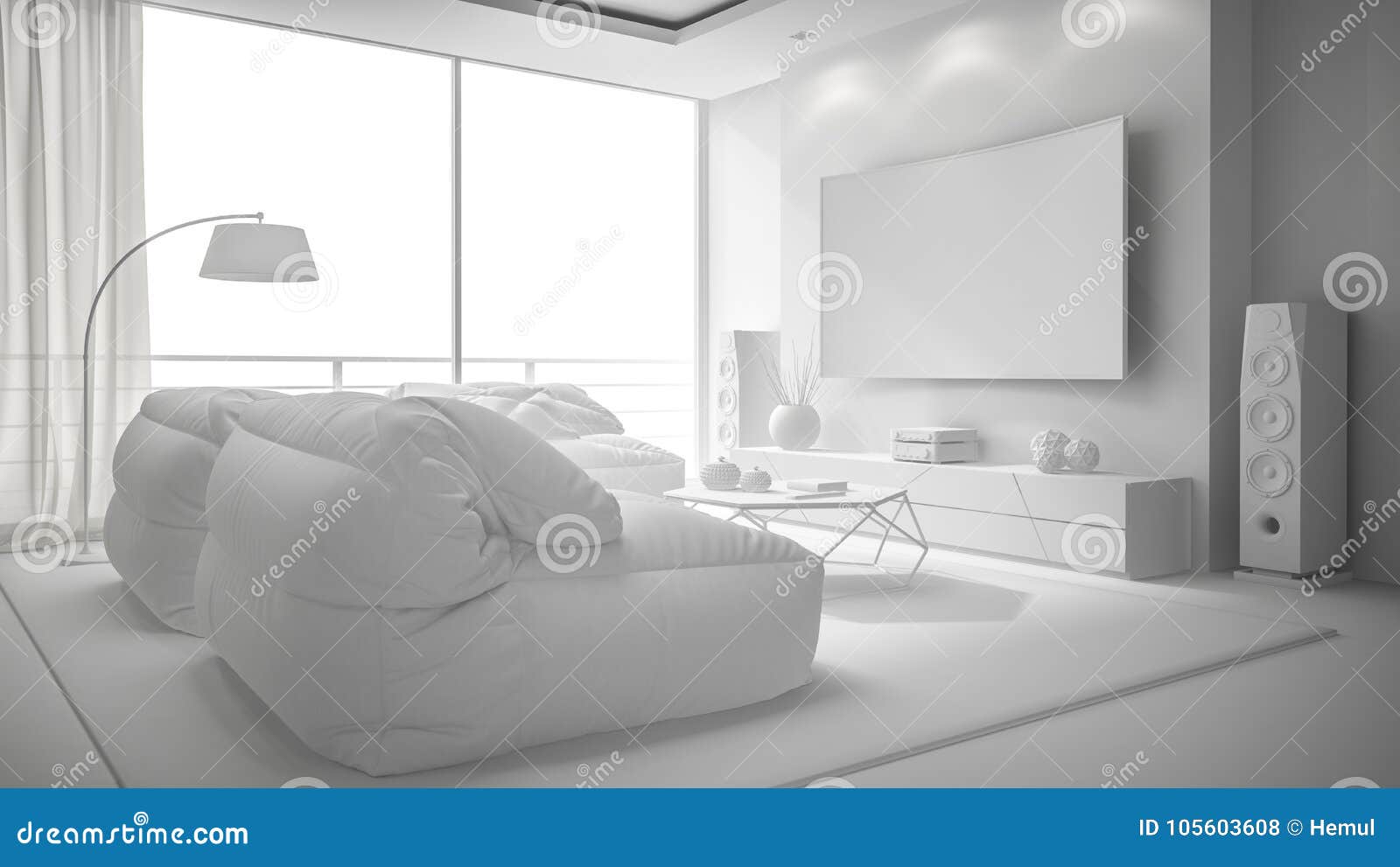 White Interior Design 3D Rendering Stock Illustration - Illustration of ...