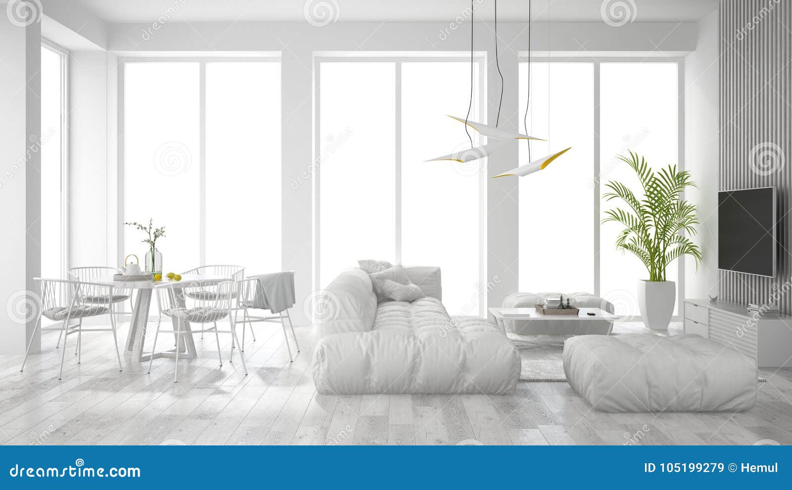 White Interior Design 3D Rendering Stock Illustration - Illustration of ...