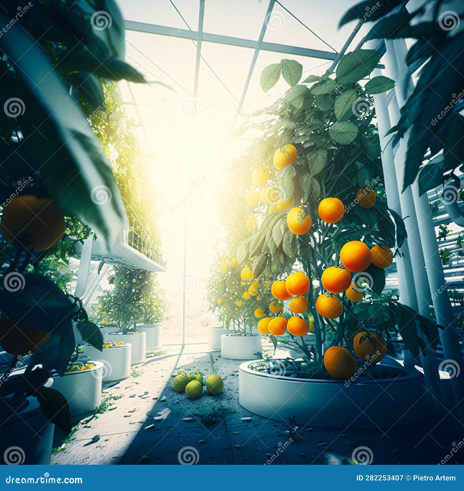 White Interior of a Large Vertical Round Farm with Tomatoes, Generative ...